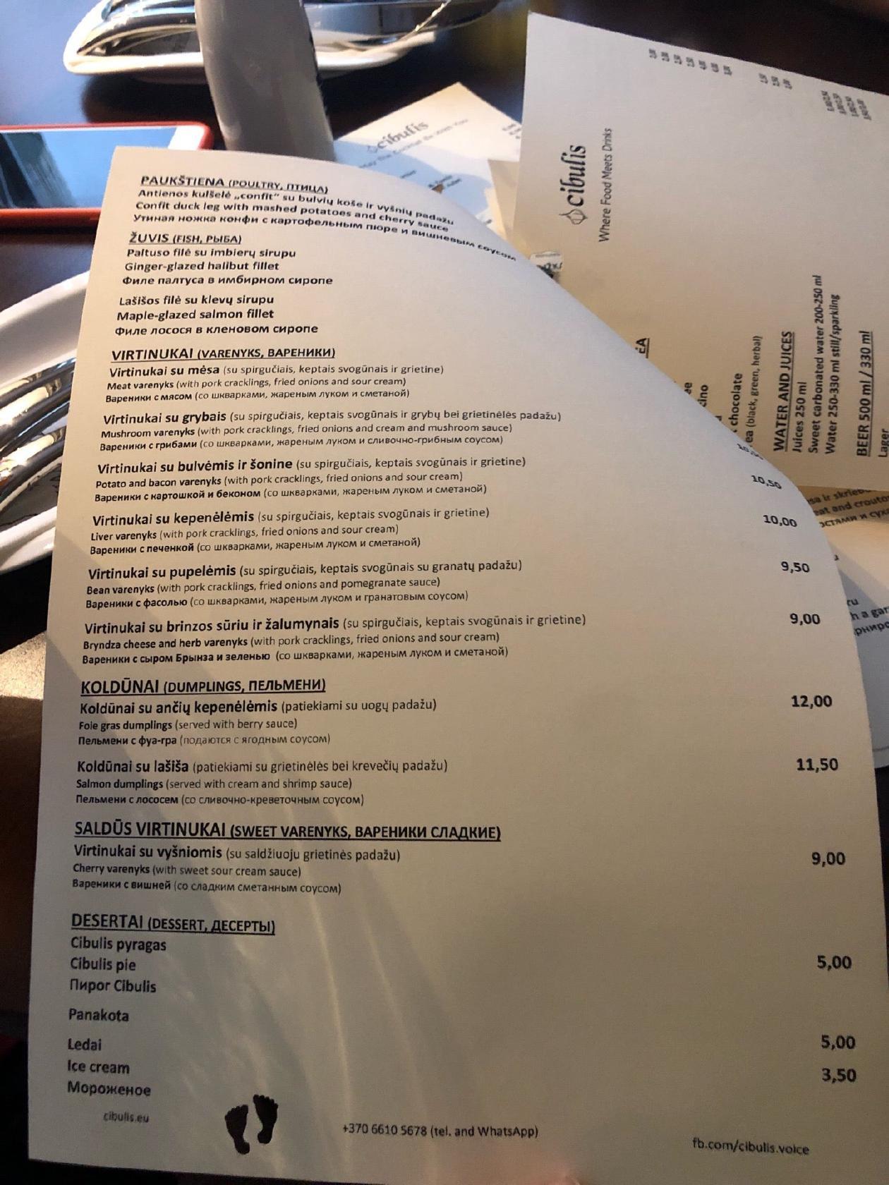 Menu at Cibulis restaurant, Vilnius