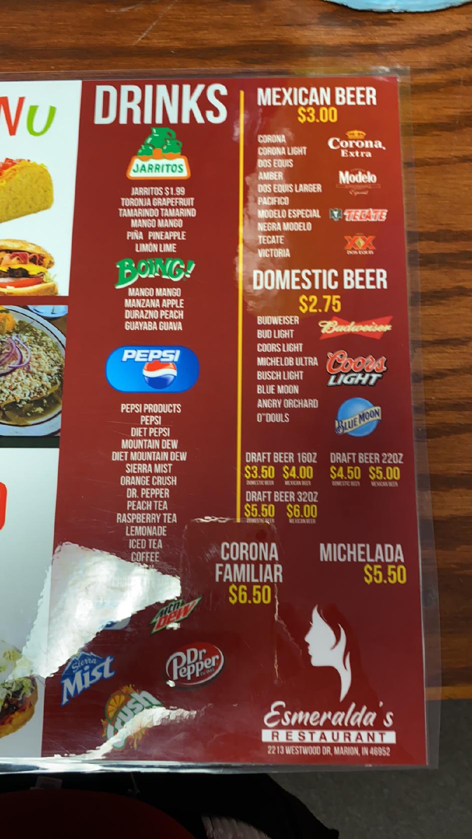 Menu at Esmeralda's Restaurant, Marion