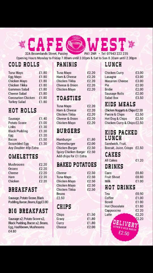 Menu at GG’s Cafe, Paisley