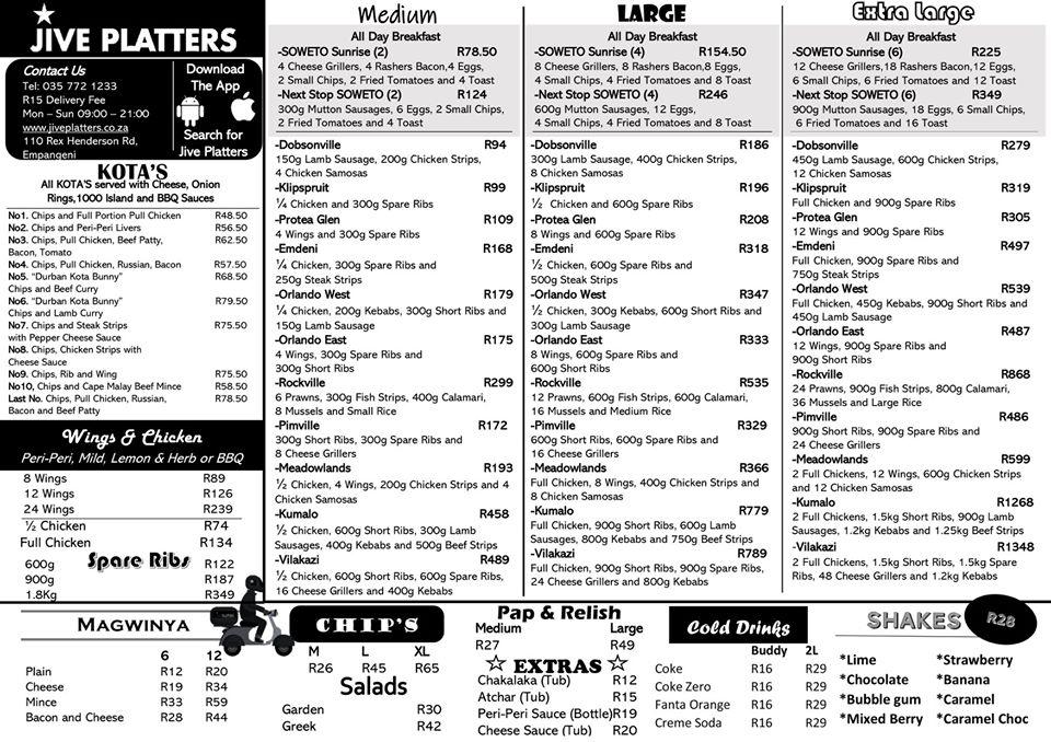 Menu at Jiveplatters, Empangeni