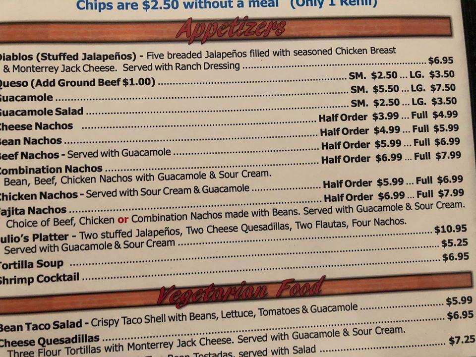 Menu at Julio's Mexican Restaurant, Chico
