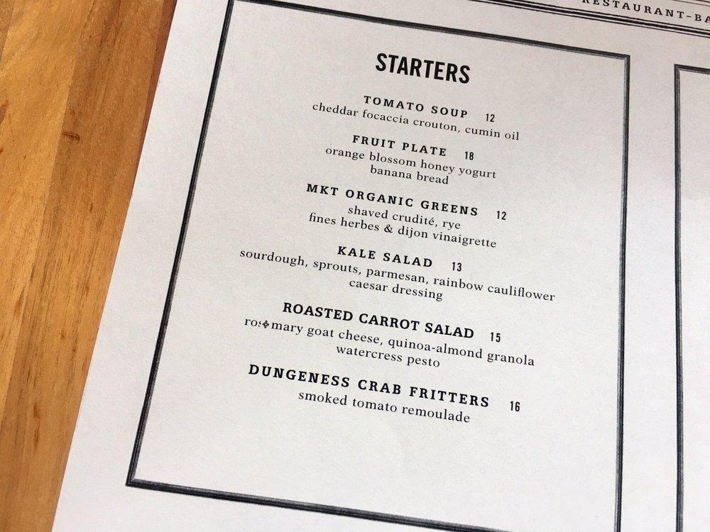 Menu at MKT Restaurant and Bar, San Francisco