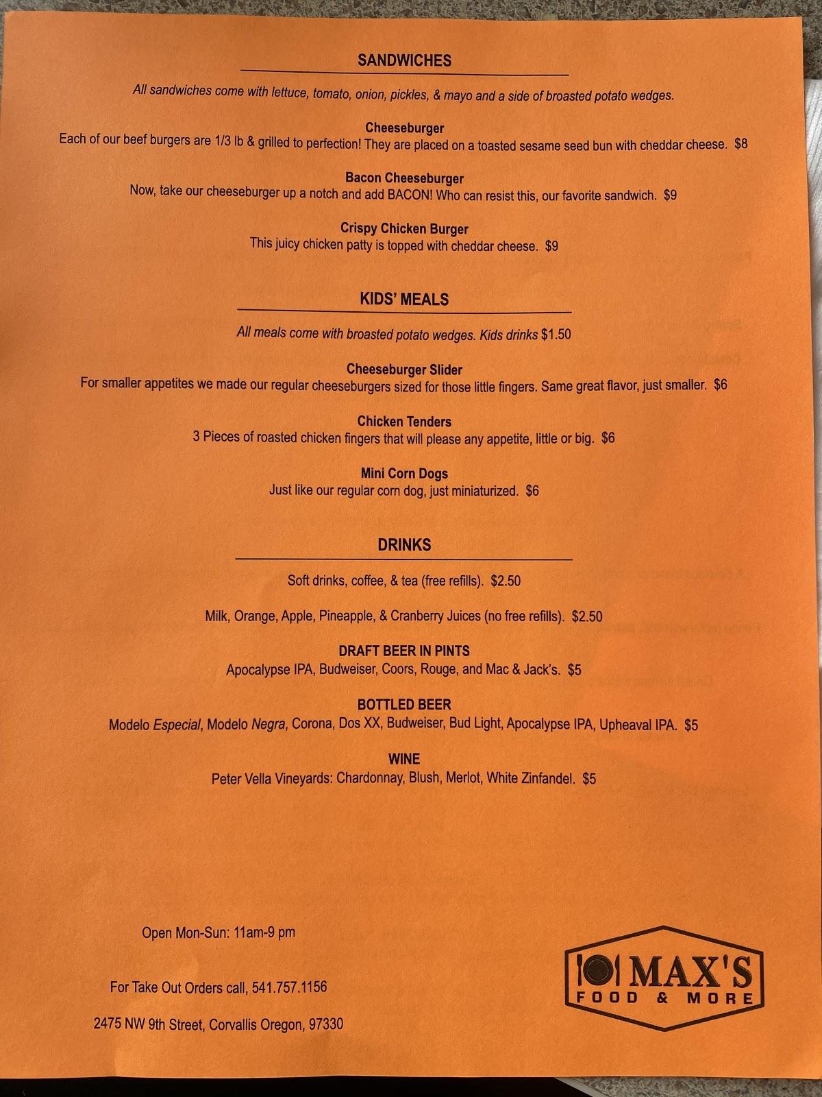 Menu at Max's Food and More pub & bar, Corvallis