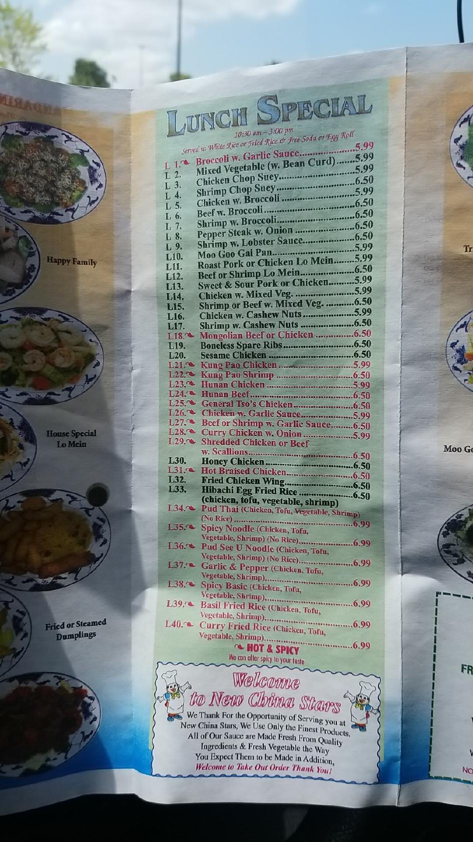 Menu at New China Star restaurant, Ashland City, 332 Frey St