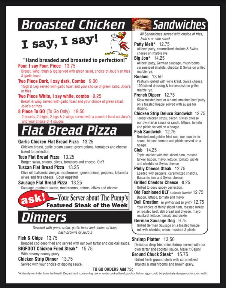 Menu at Old Town Pump Saloon pub & bar, Union Gap