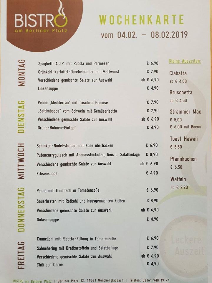 Menu at Bistro am Berliner Platz restaurant, Mönchengladbach