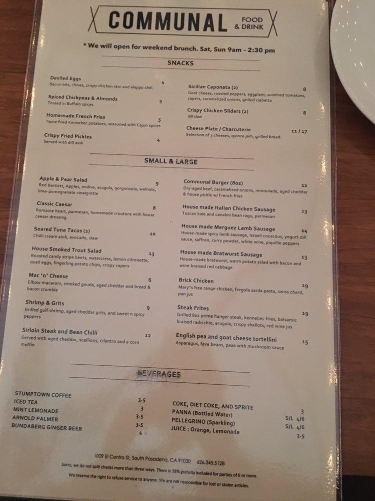 Menu at Communal Food And Drink pub & bar, South Pasadena