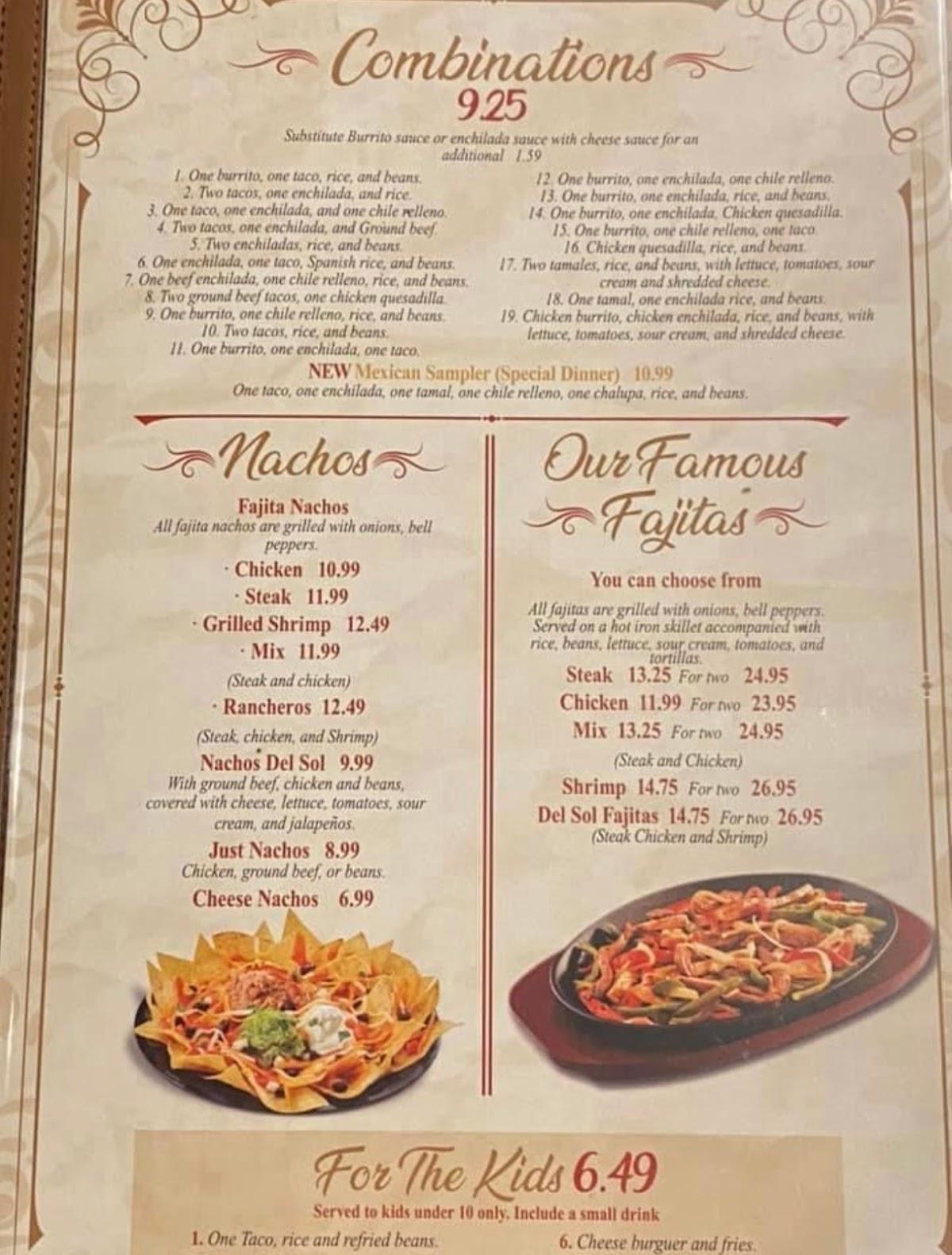 Menu at Del Sol Mexican Restaurant, Laurel