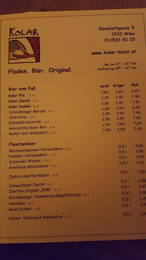 Menu at Kolar Beisl - Kleeblattgasse pub & bar, Vienna, Kleeblattgasse 5