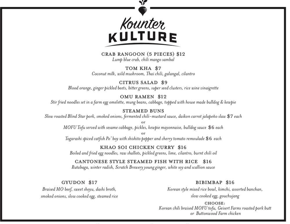 Menu at Kounter Kulture restaurant, St. Louis
