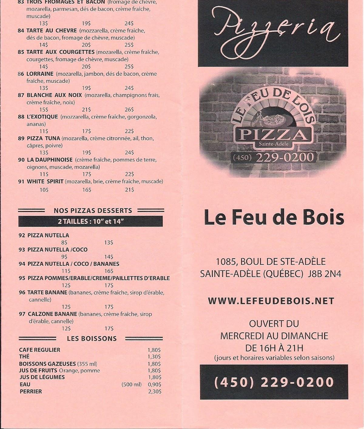 Carta de pizzería Le Feu De Bois, Sainte-Adèle