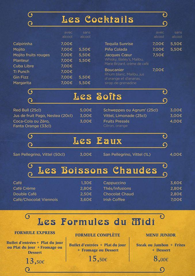 Menu at Pub Jacques Coeur, Bourges