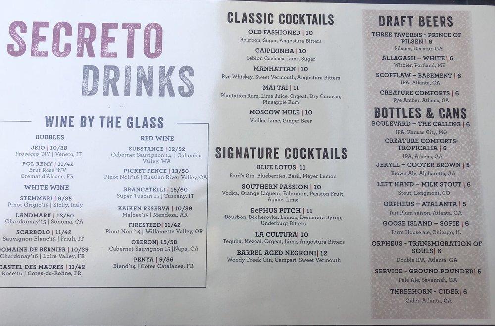 Menu at Secreto Southern Kitchen pub & bar, Alpharetta