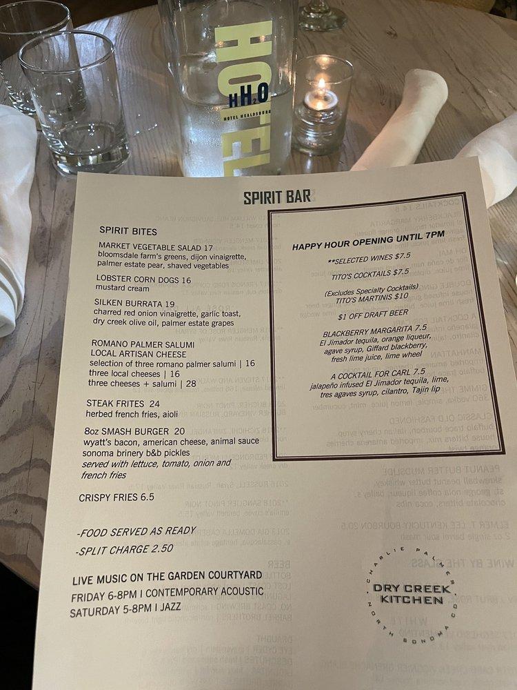 Menu at Spirit Bar, Healdsburg