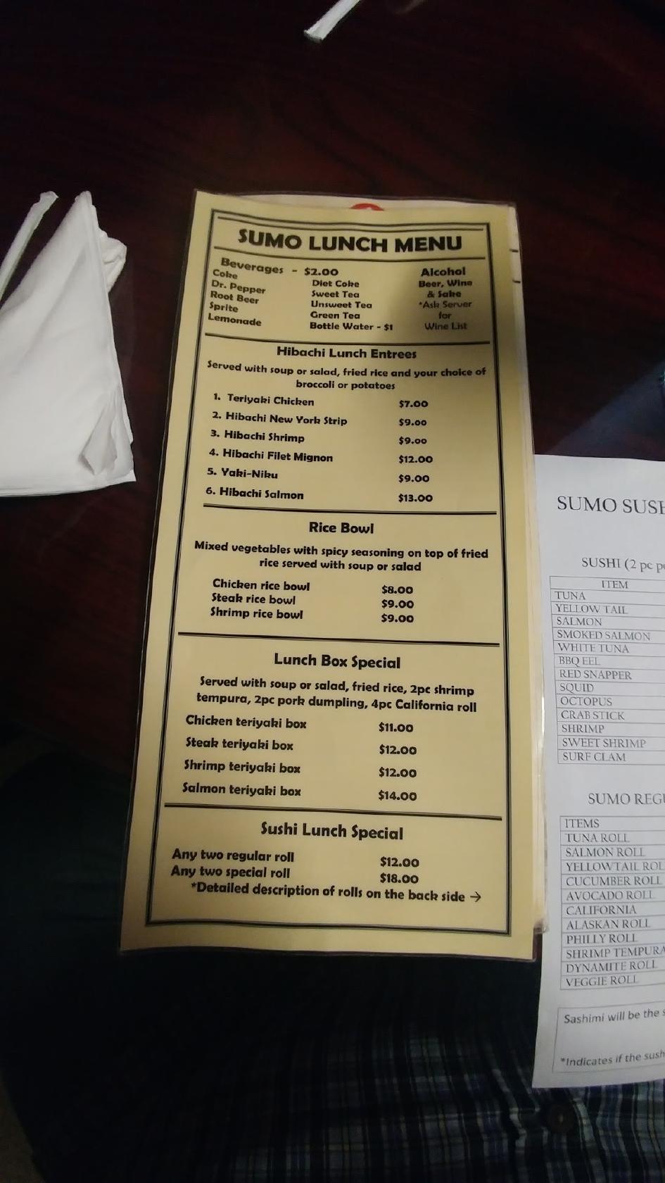 Menu at Sumo Japanese Restaurant, Longview
