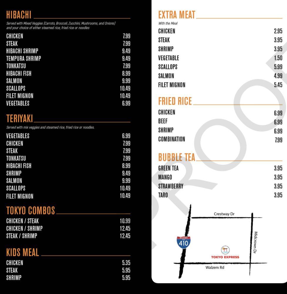 Menu at Tokyo Express restaurant, Windcrest