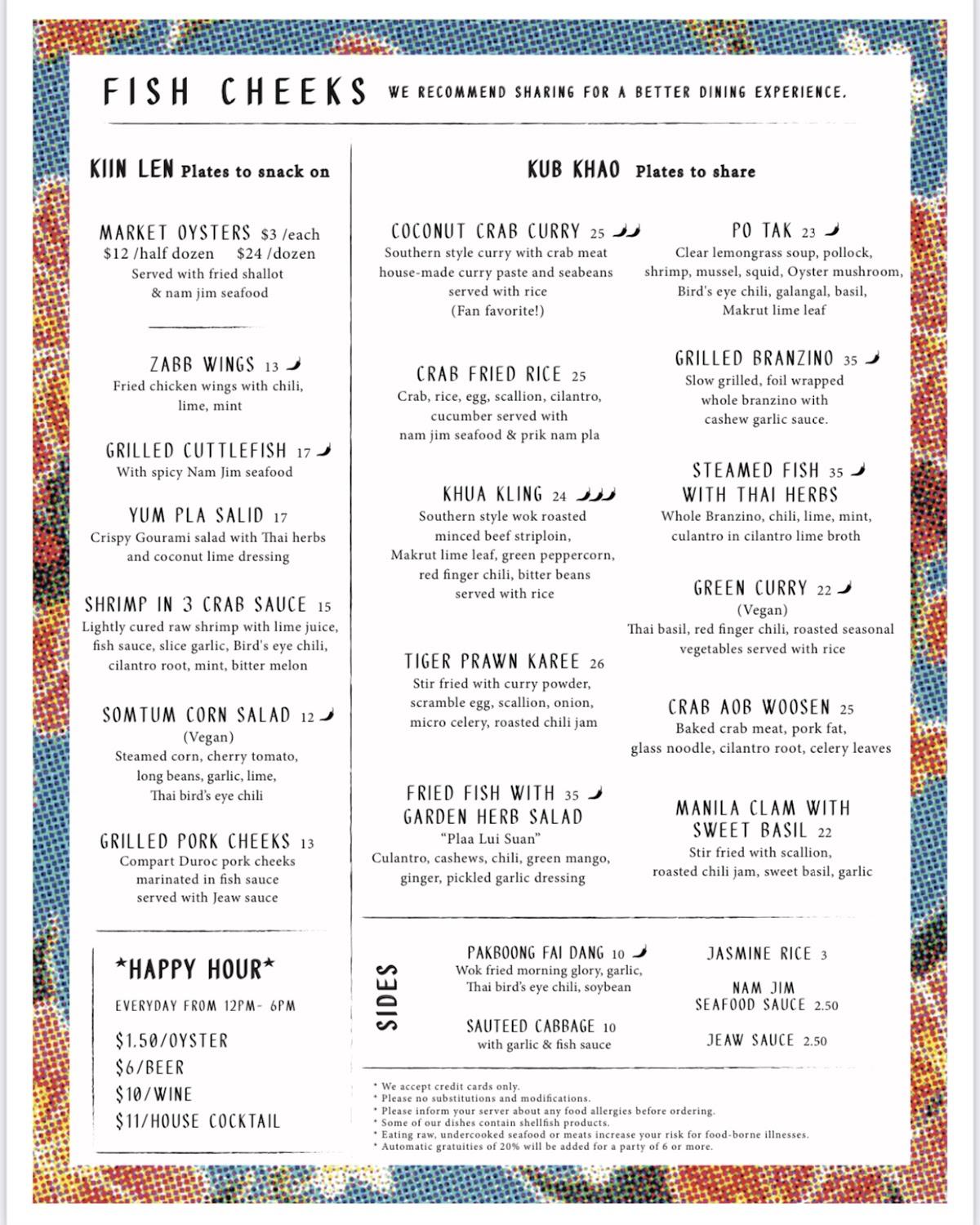 Menu at Fish Cheeks restaurant, New York City, 55 Bond St