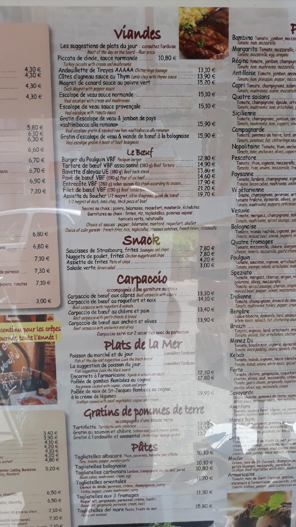Menu at Le Moulin du Grand Poulguin restaurant, Pont-Aven