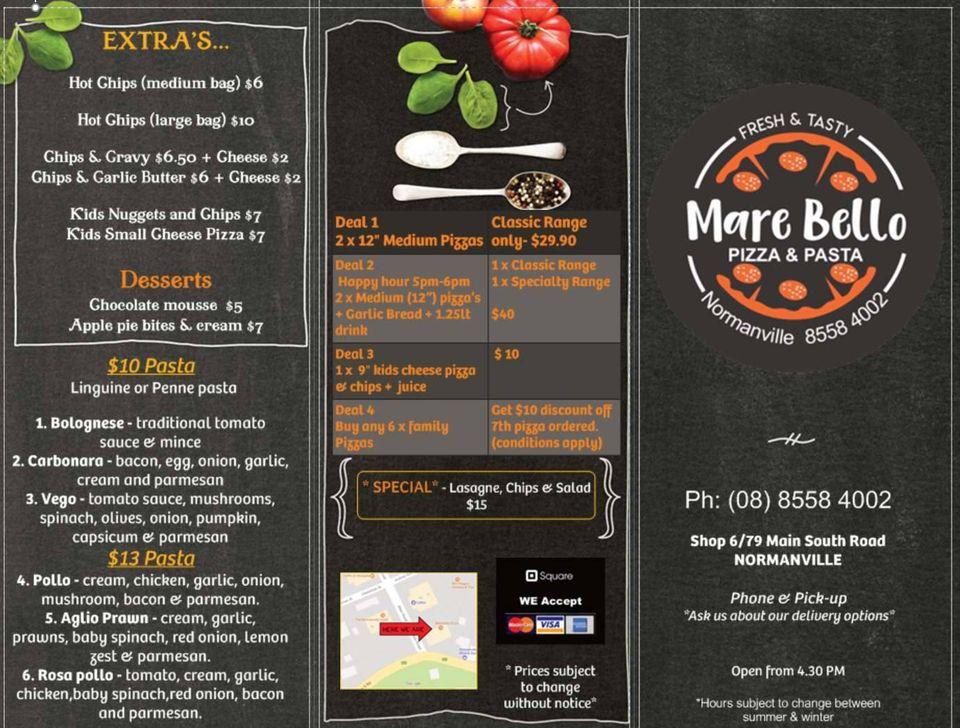 Menu at Mare Bello Pizza fast food, Normanville