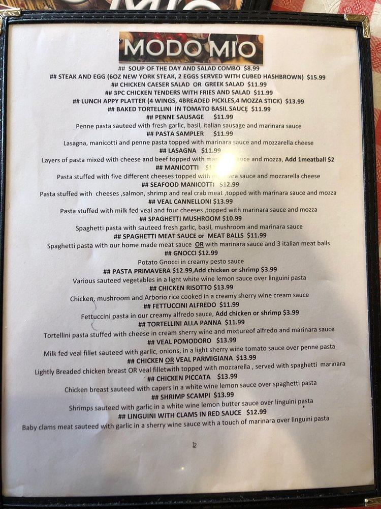 Menu at Modo Mio restaurant, Fort Saskatchewan
