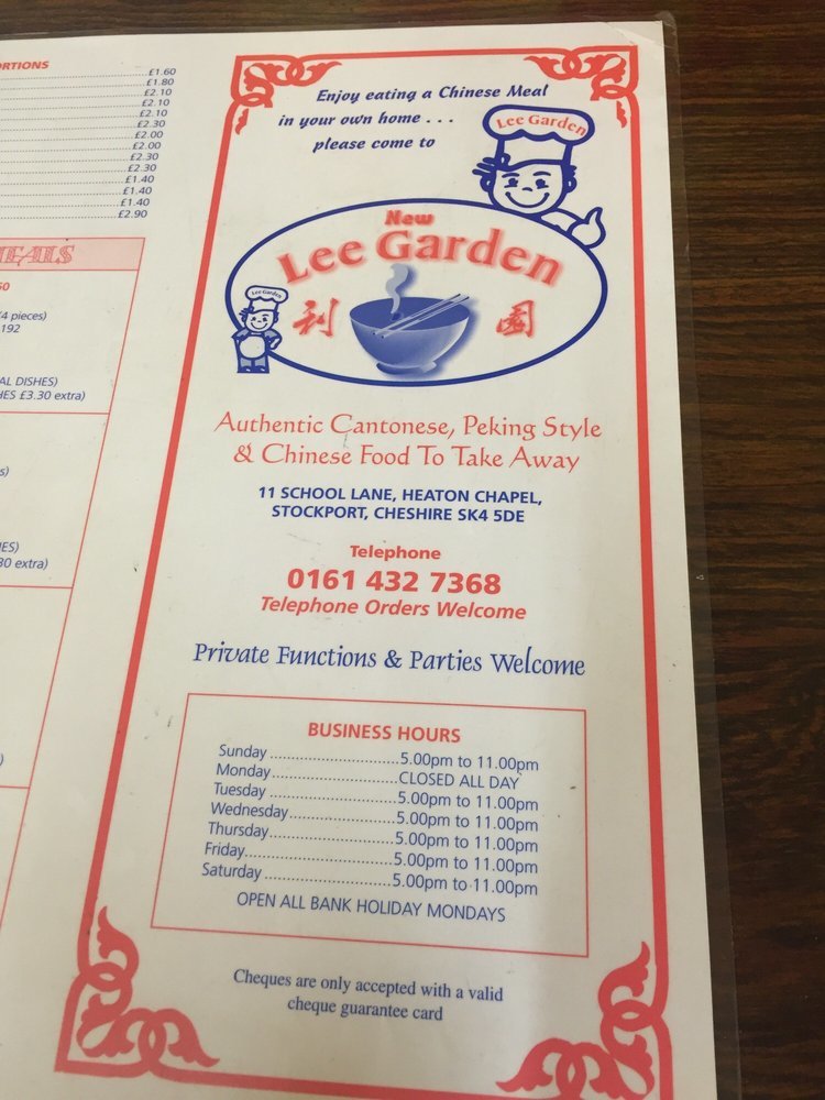 Menu at New Lee Garden fast food, Stockport, 11 School Ln