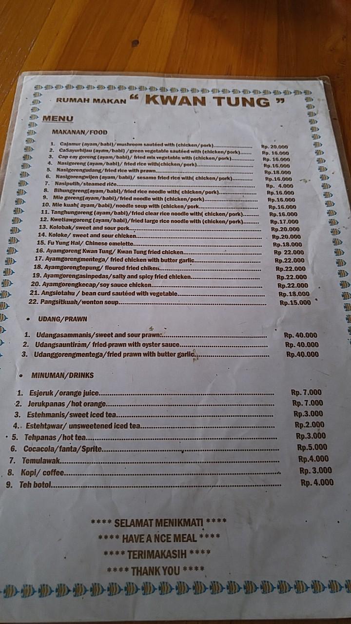 Menu at RM Kwan Tung restaurant, Seririt