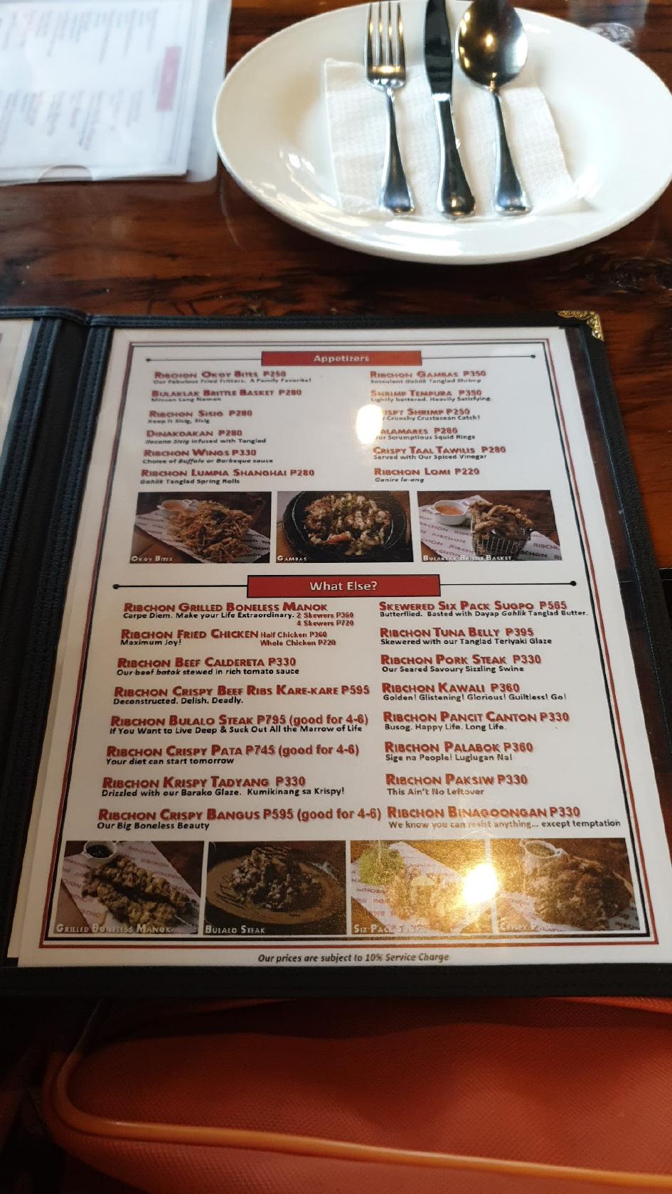 Menu at Ribchon restaurant, Tagaytay