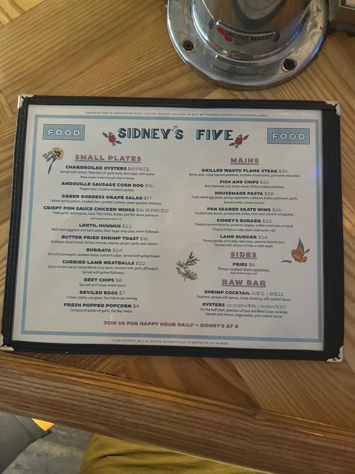 Menu at Sidney’s Five pub & bar, New York City