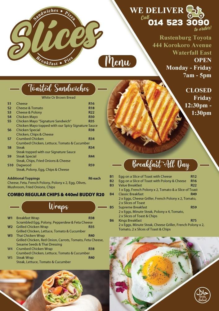 Menu at Slices restaurant, Rustenburg