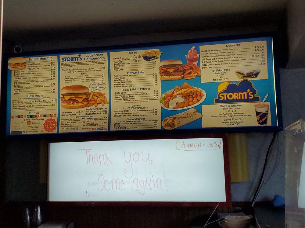 Menu at Storm's Drive-in Burnet restaurant, Burnet