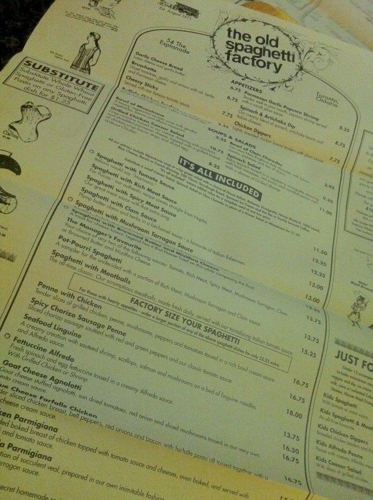 Menu at The Old Spaghetti Factory restaurant, Toronto, 54 The Esplanade