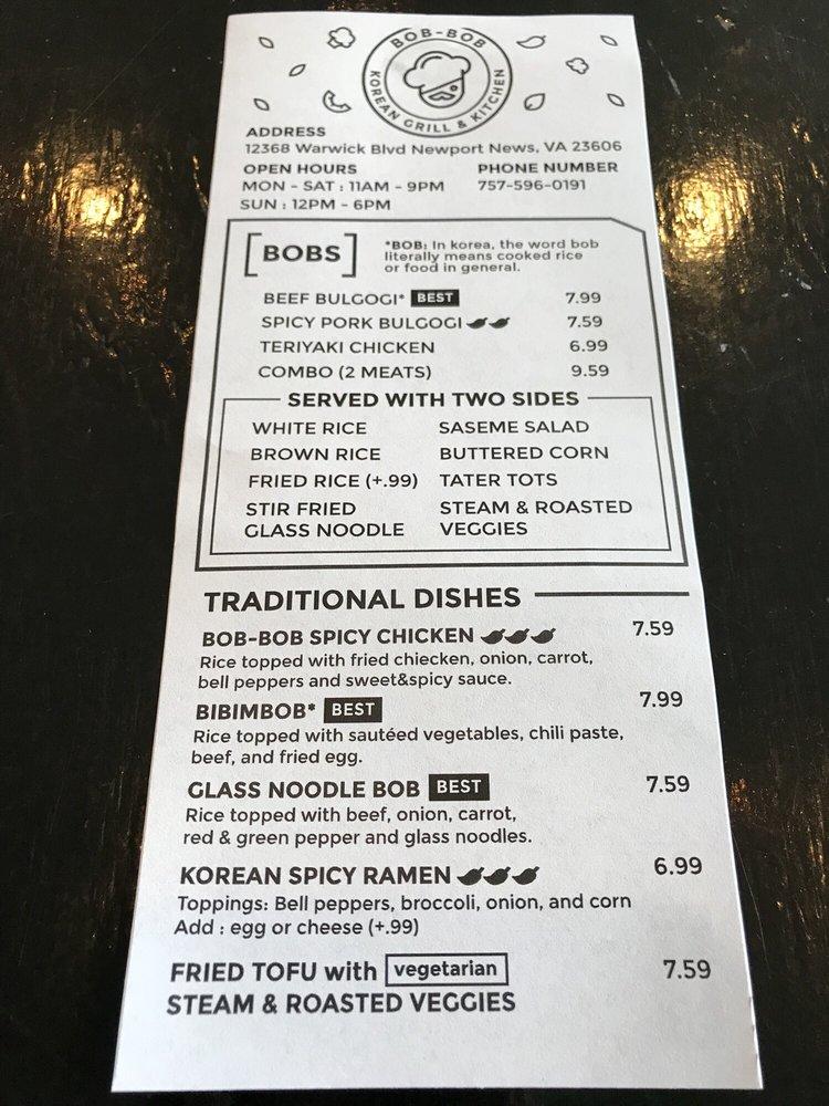 Menu at Bob Bob Korean grill and kitchen restaurant, Newport News