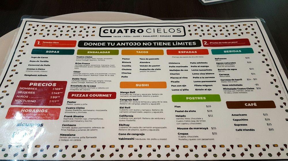 Menu at Cuatro Cielos restaurant, Mexico City