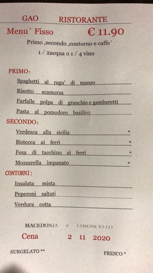 Menu da Gao Ristorante, Varedo