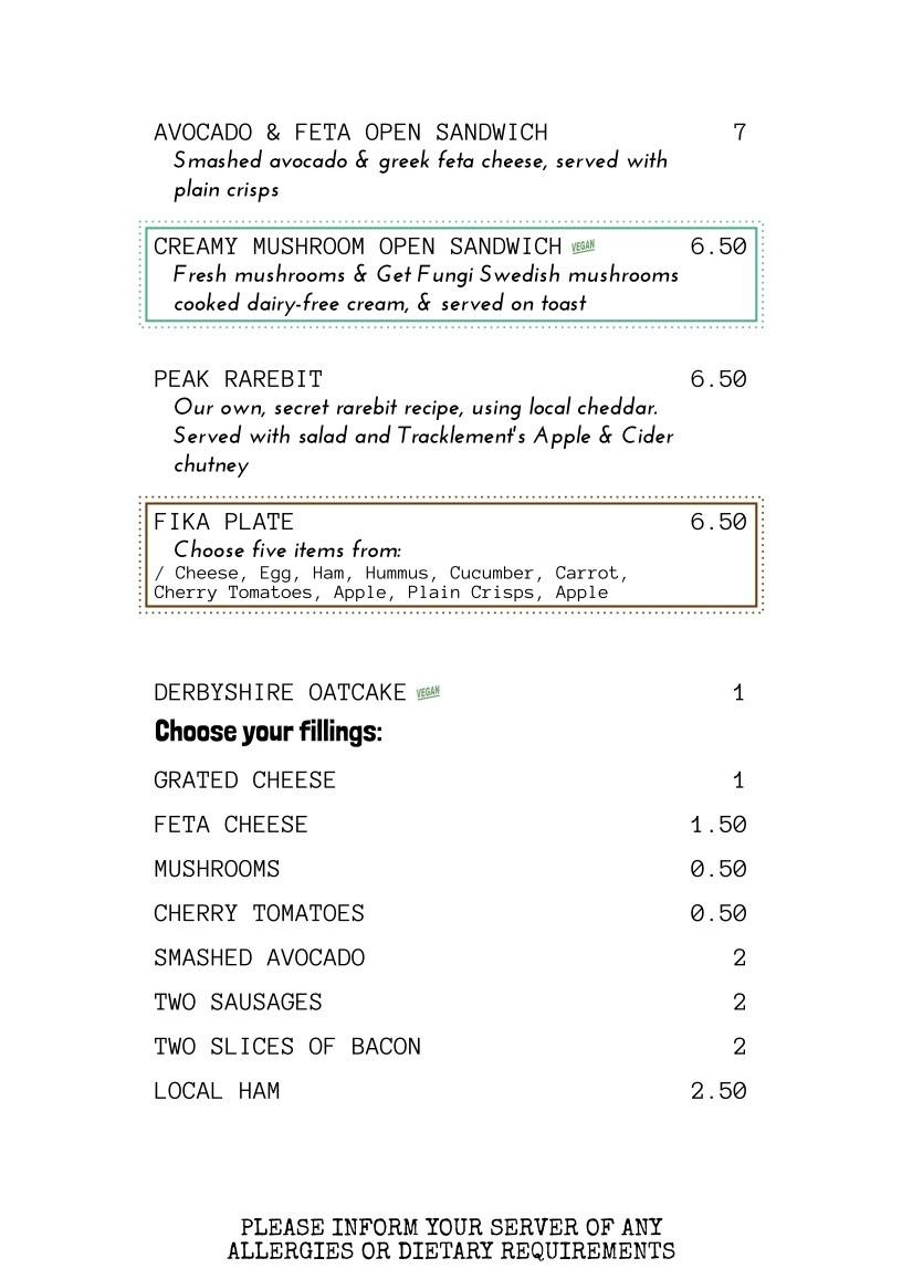 Menu at Little Fika Cafe, Whaley Bridge