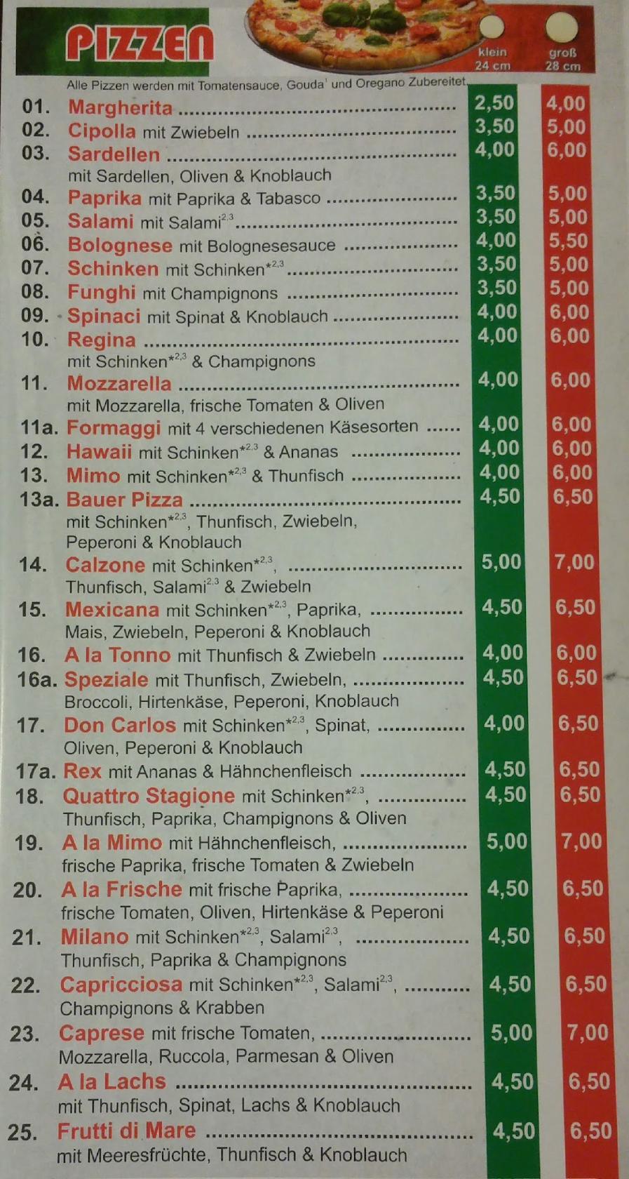 Speisekarte von Pizzeria a la Mimo, Dinslaken, Klosterstraße 4
