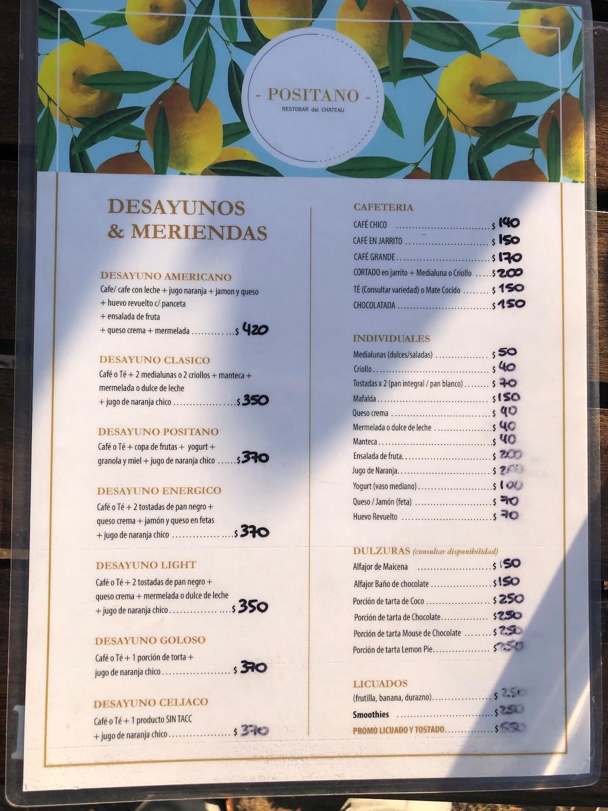 Menu at Positano Restobar, Córdoba