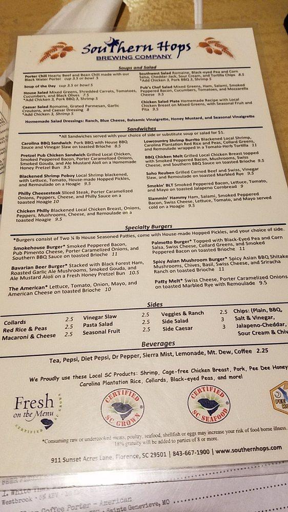 Menu at Southern Hops Brewing Co. pizzeria, Florence