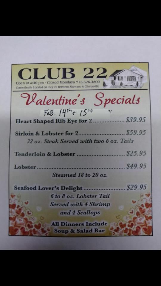Menu at Club 22, USA, N3925 Friendship Rd