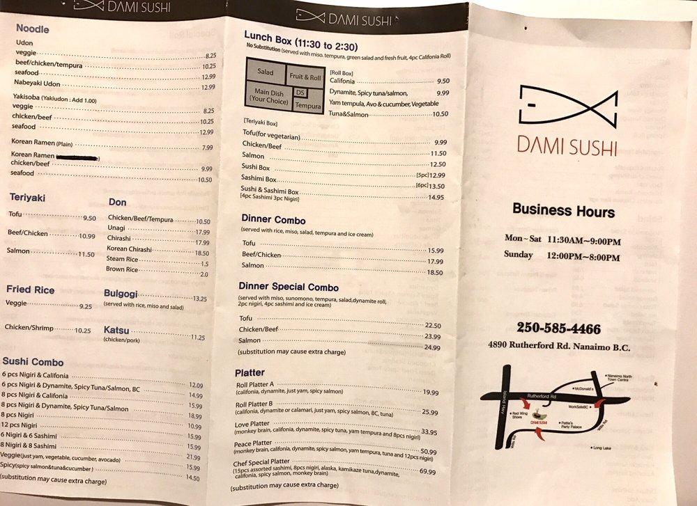 Menu at Dami Sushi restaurant, Nanaimo, 10-4890 Rutherford Rd