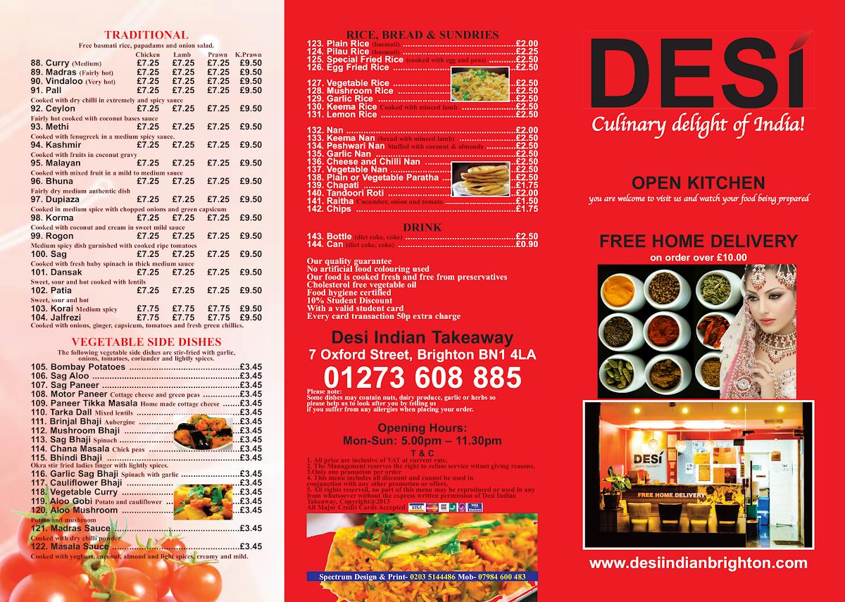 Menu at Desi Indian Takeway restaurant, Brighton