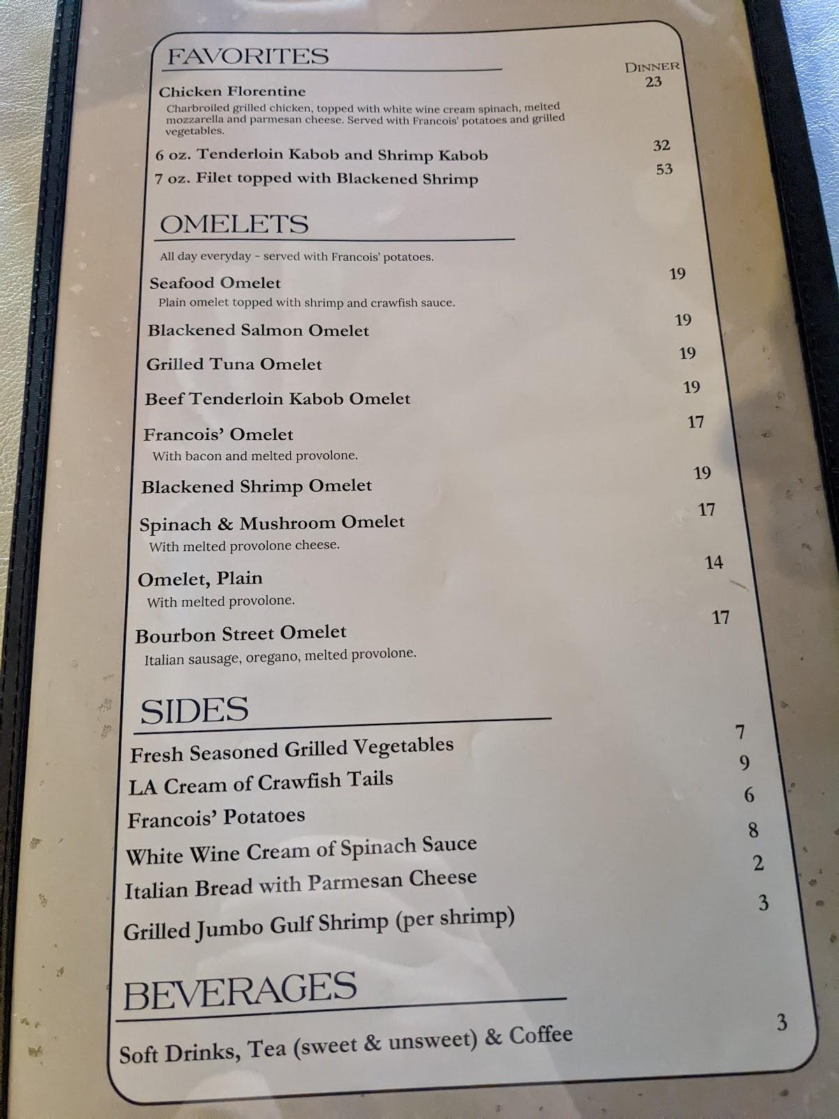 Menu at Francois's Grill steakhouse, Baton Rouge