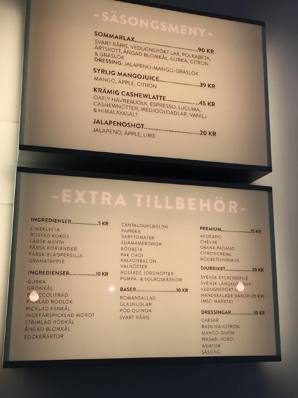 Menu at Holy Greens restaurant, Malmö, Baltzarsgatan 26