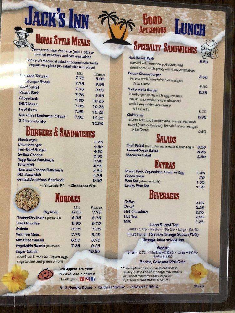 Menu at Jack's Inn restaurant, Kahului