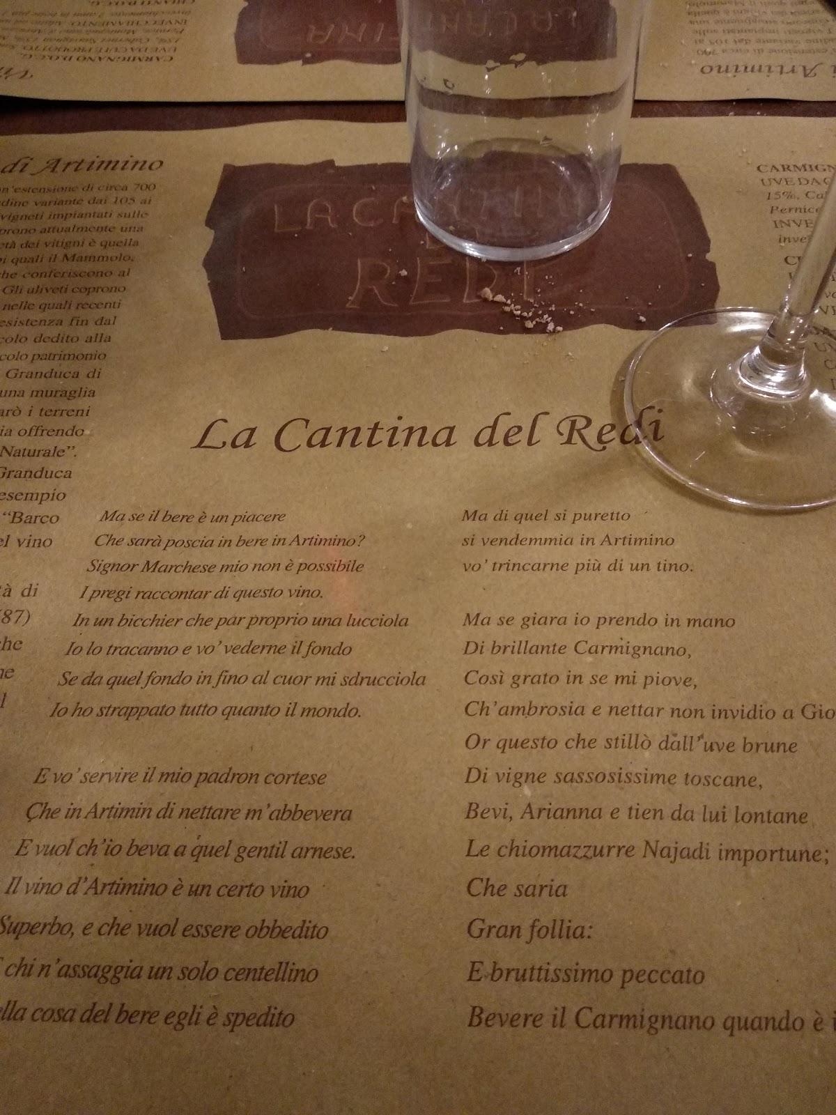 Menu da La Cantina del Redi ristorante, Artimino
