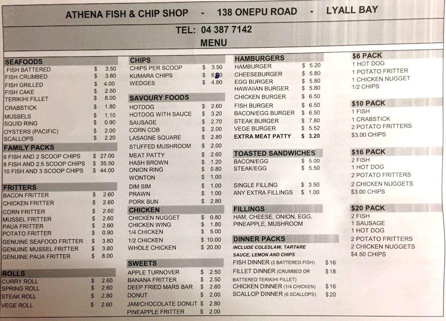 Menu at Athena Fish & Chips fast food, Wellington