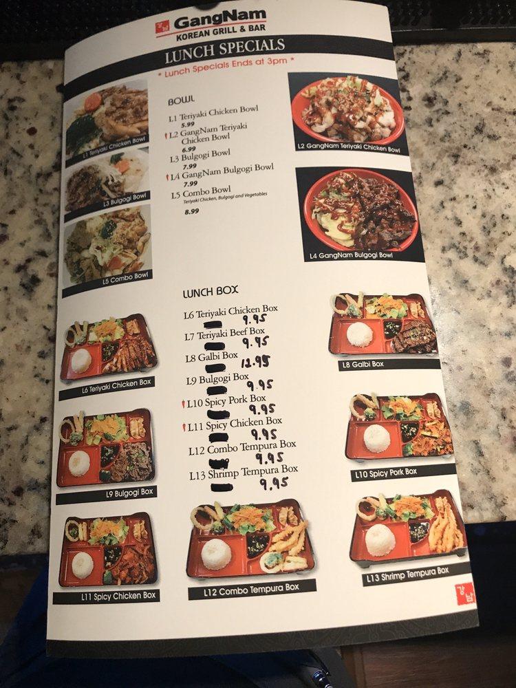 Menu at GangNam Korean BBQ, Wichita