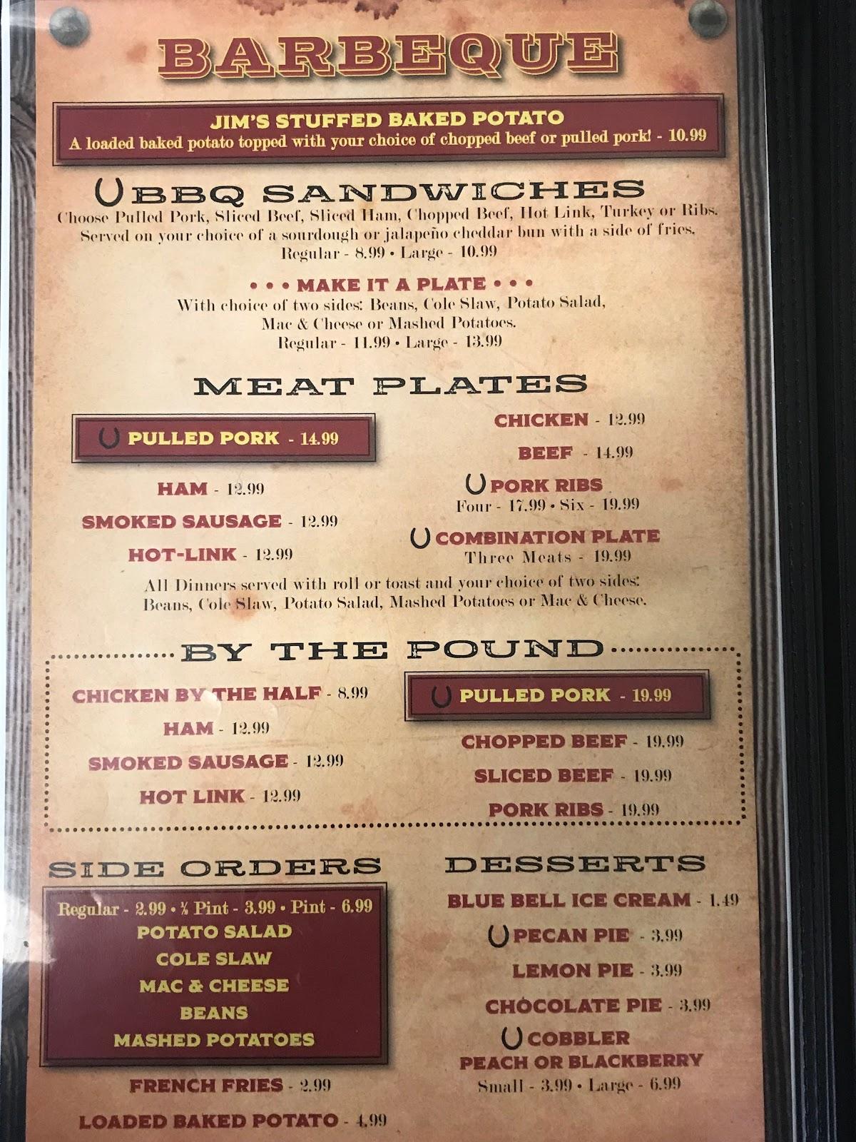 Menu at Jim's BBQ, Waskom