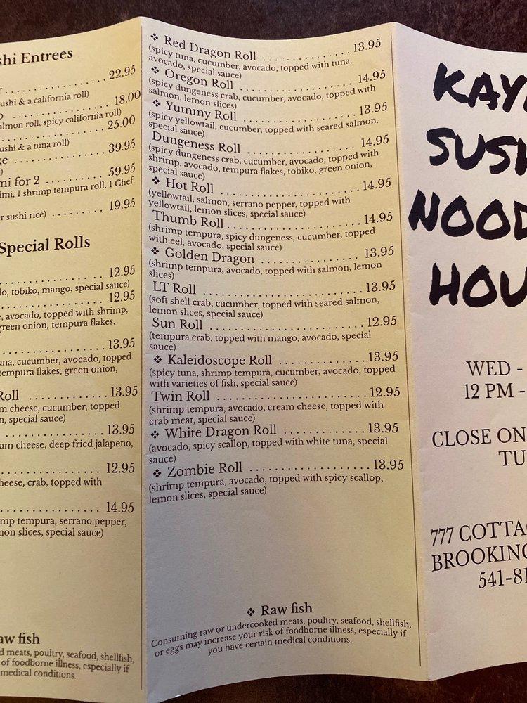 Menu at Kaya Sushi & Noodle House restaurant, Brookings