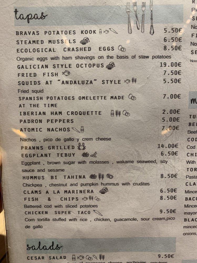 Carta del restaurante Kook, Barcelona